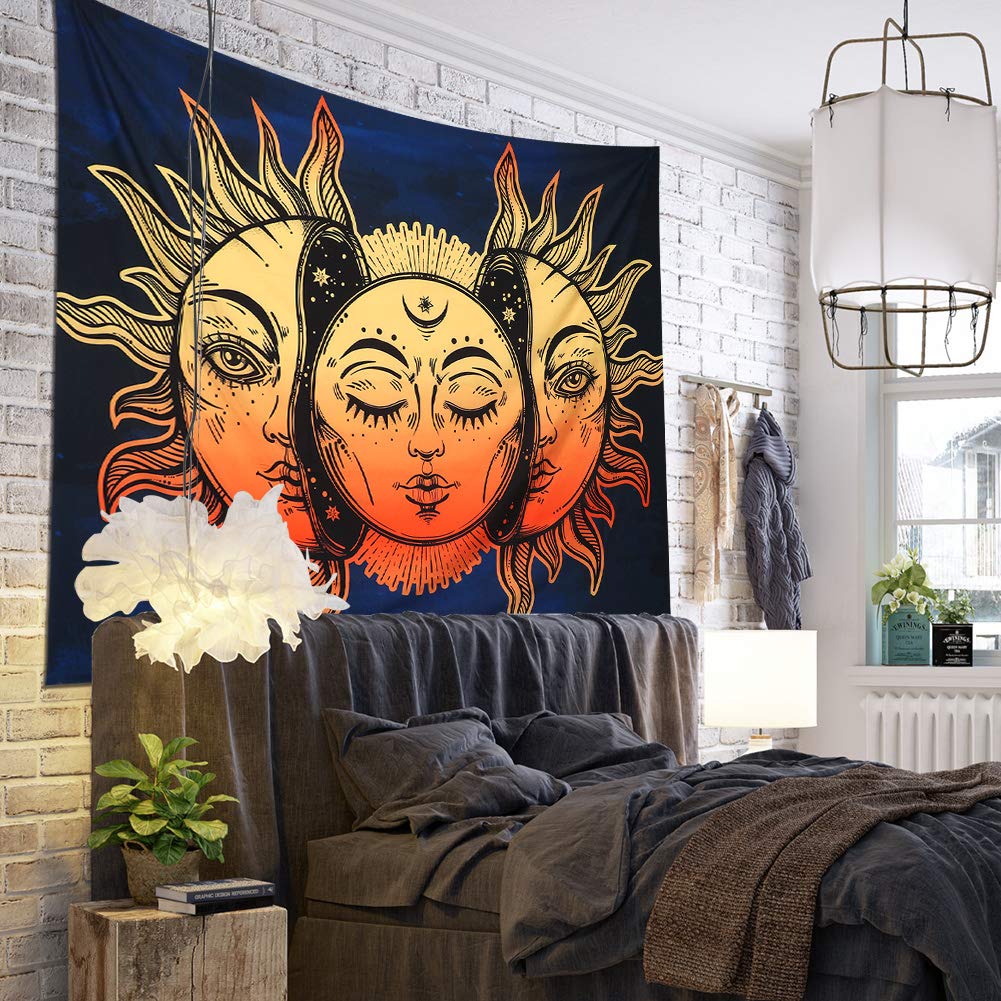 Sevenstars Sun and Moon Tapestry Burning Sun with Star Tapestry Psychedelic Tapestry Black and White Mystic Tapestry Wall Hanging