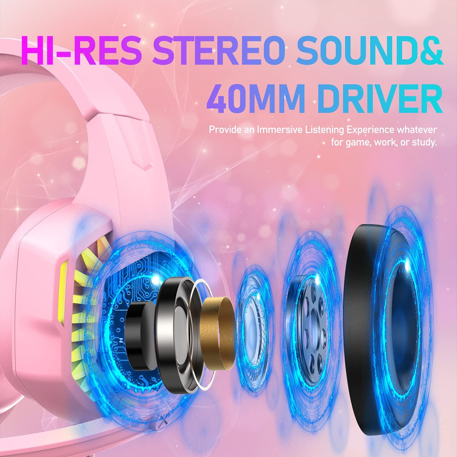Wired Gaming Headset with Rainbow RGB Backlight Retractable Noise Isolating Microphone Stereo Sound Deep Bass Memory Foam Earmuff Over Ear Headphone for PS4 Xbox One Switch PC Mac Gamer Music (Pink)