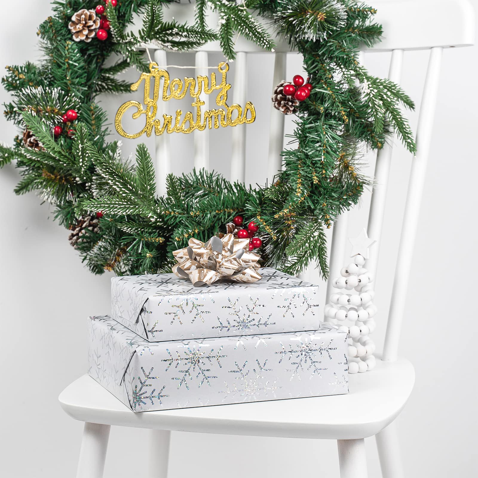 RUSPEPA Christmas Wrapping Paper, Jumbo Roll Wrapping Paper - White Shiney Snowflake Design for Holiday Gift Wrap - 24 Inches x 100 Feet