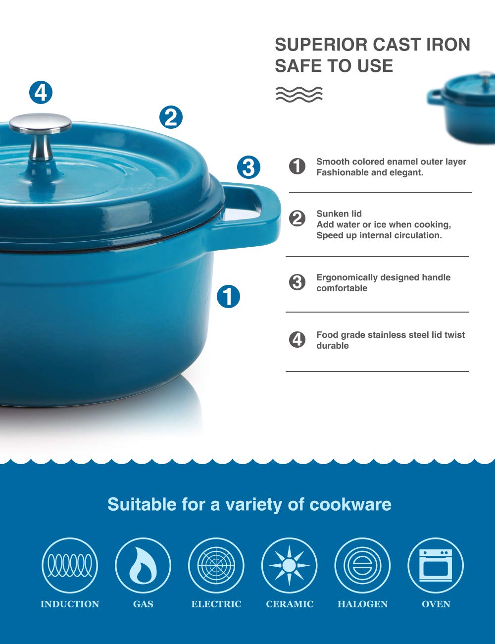 SULIVES Enameled Cast Iron Dutch Oven Non-Stick Bread Baking Pot with Lid Suitable for Bread Baking Use on Gas Electric Oven 5 Quart, Peacock Blue