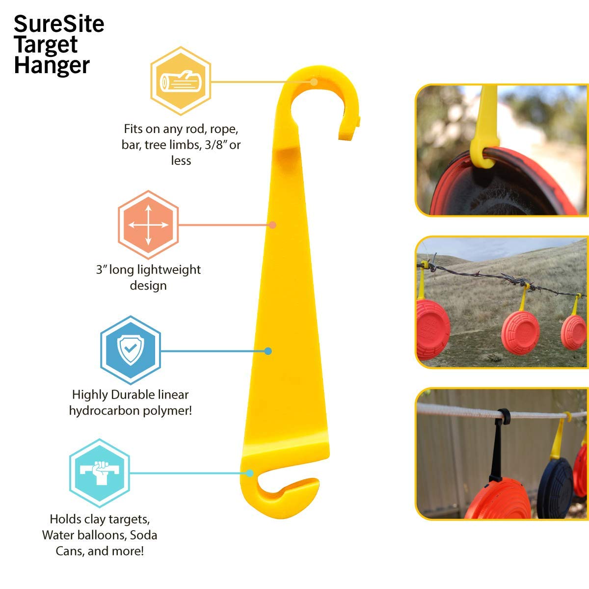 Sure SITE Clay Pigeon Target Hangers 50-Pack. Small, Lightweight, Reusable with Hooks on Each End. Attach to Fence, Line. Orange for Excellent Visibility. Holds Clay Targets, Water Balloons, Cans