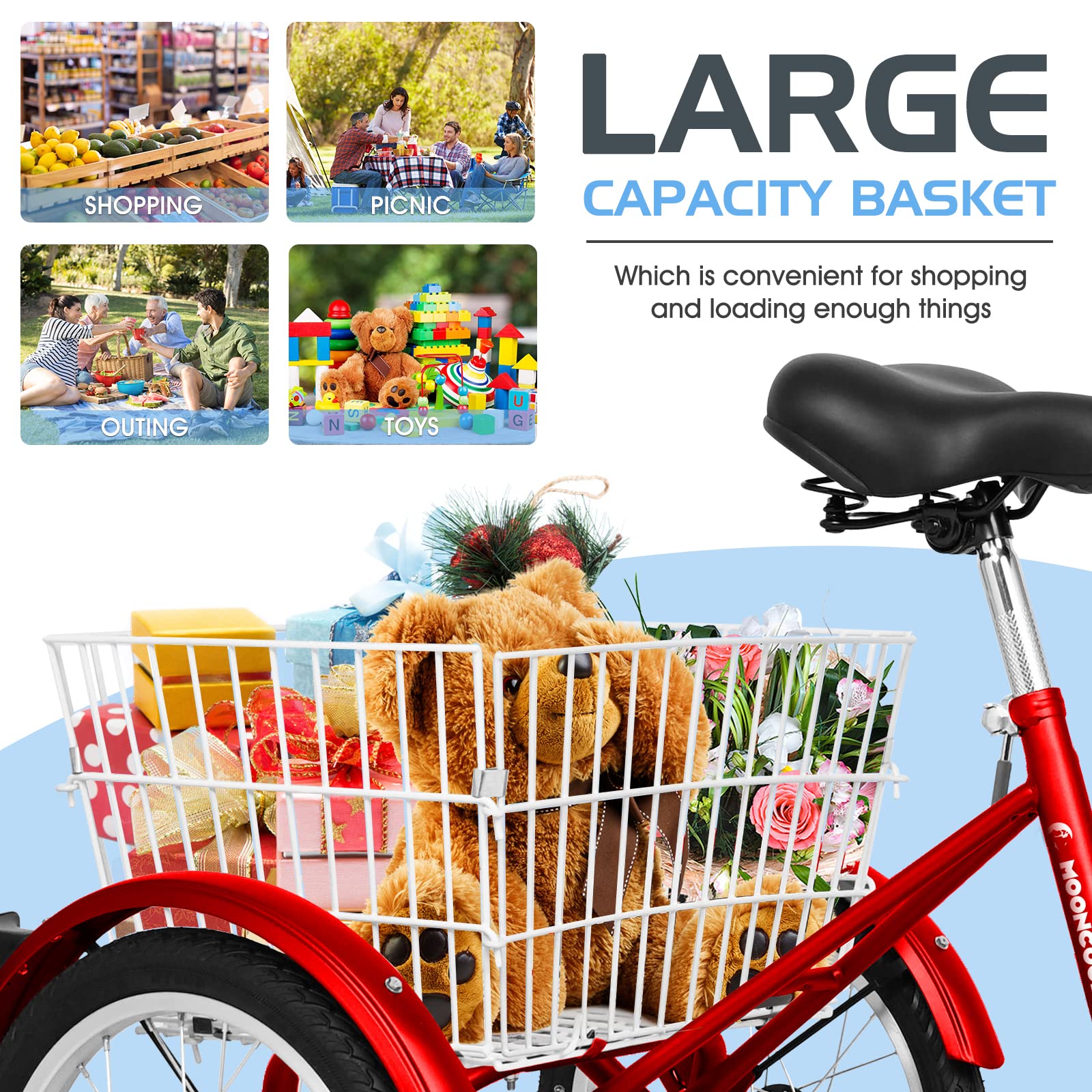Slsy 16 inch Tricycle Trike Bike Perfect for Beginner Riders, Single Speed 3 Wheel Bikes, Three-Wheeled Bicycles with Adjustable Height and Rear Basket