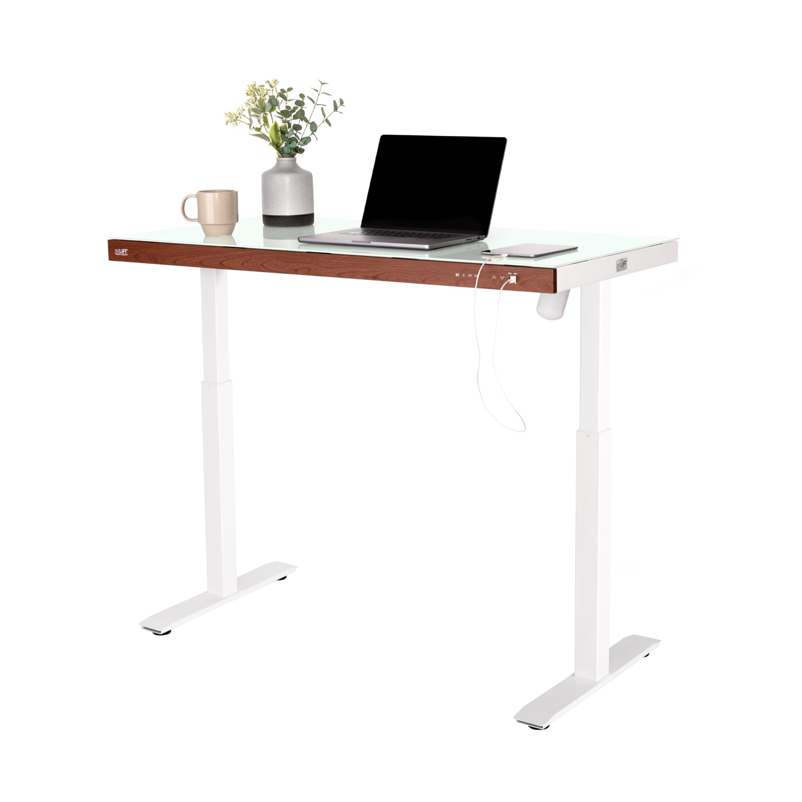 Seville Classics Airlift Ergonomic Tempered Glass Electric Sit-Stand USB Charging Height Adjustable Computer Workstation Easy Assembly Home & Office, 47" Pull Out Drawer Desk, Black