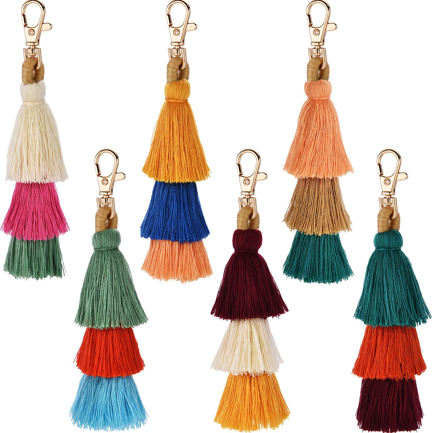 Tatuo 6 Pieces Hand Made Colorful Bohemian Tassel Charm Keychain Handbags Bag Pendant Key Ring Pom Tassels Key Chain(Color Set 1)