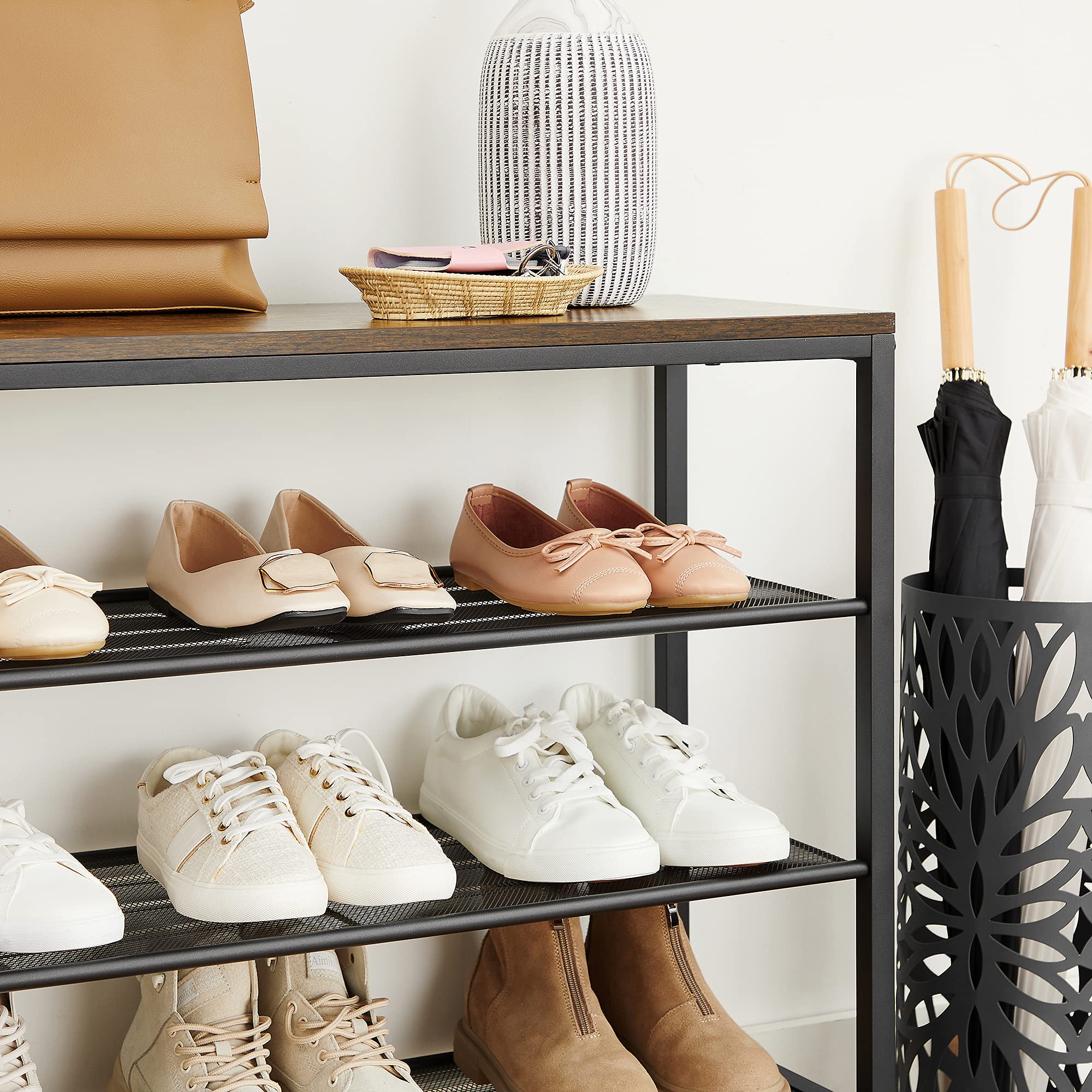 VASAGLE 5-Tier Rack, Freestanding Shoe Storage Organizer, Mesh Shelves, Space-Saving in the Entryway, Industrial, Rustic Brown + Black