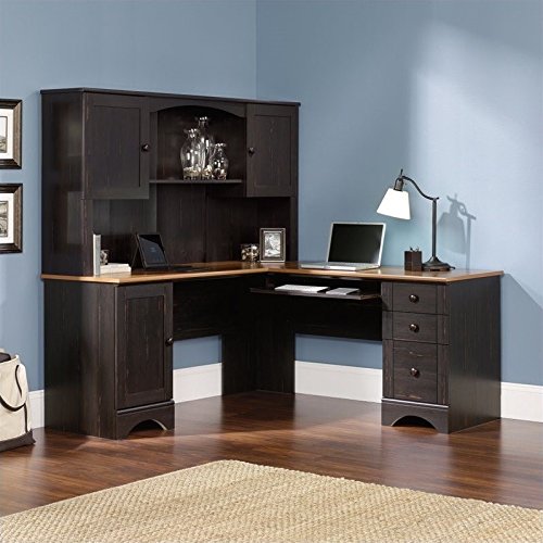 Sauder Harbor View Corner Computer Desk and Hutch, Antiqued Paint Finish