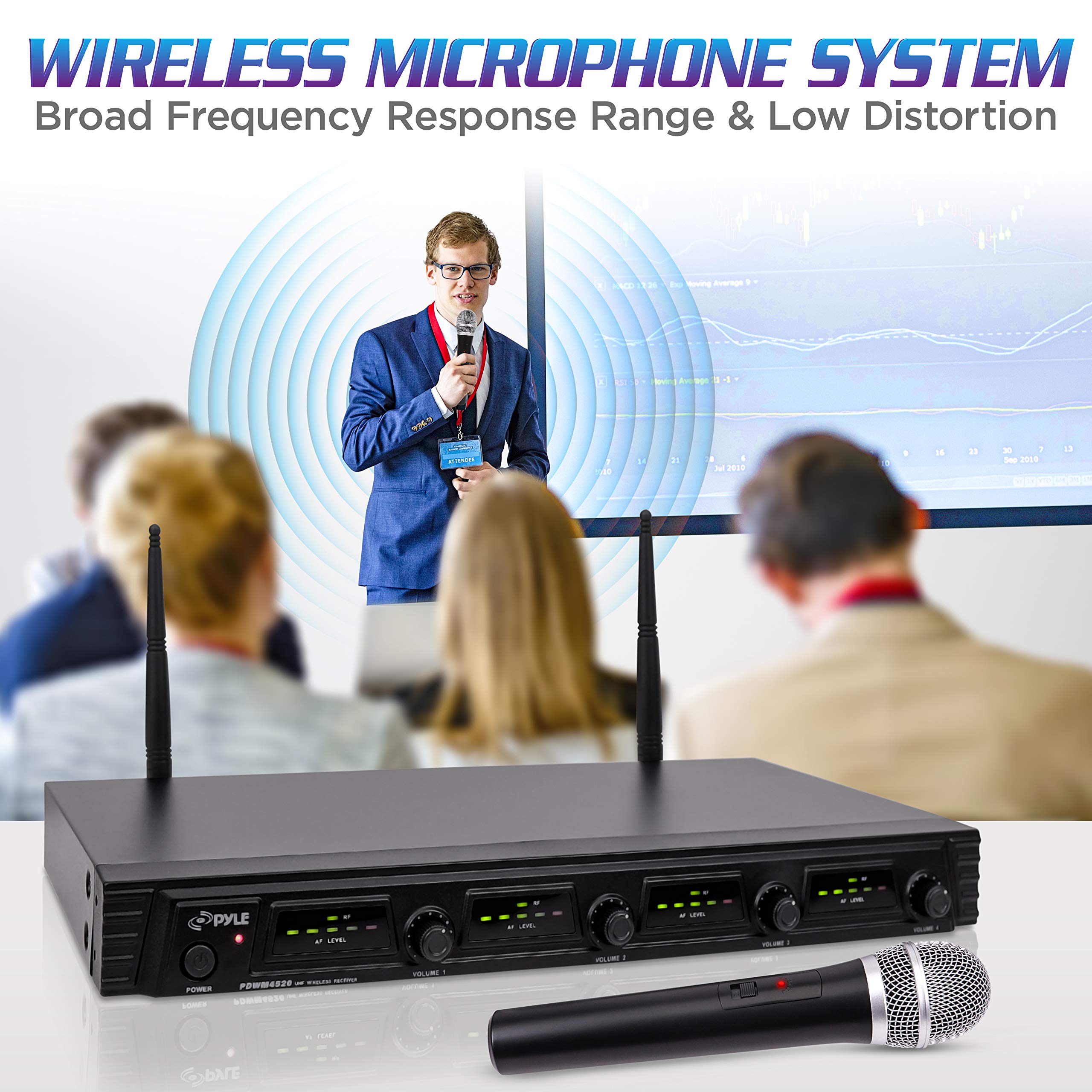 Pyle 4 Channel Wireless Microphone System-Portable UHF Audio Set with XLR Jack-4 Handheld Dynamic Mic, Receiver, Dual Antenna, Power Cable Adapter-for Karaoke, PA, DJ Party Pro PDWM4520