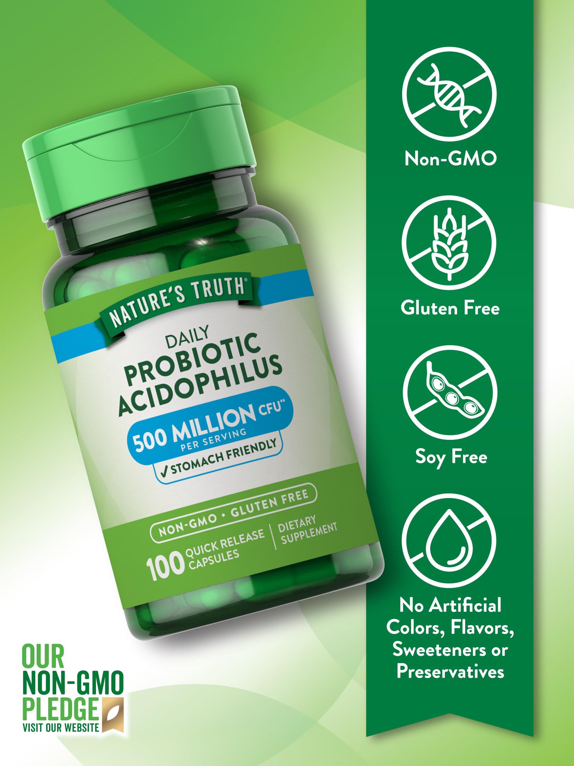Probiotics For Men and Women Digestive Support | 500 Million CFU | 100 Capsules | Acidophilus | By Nature's Truth