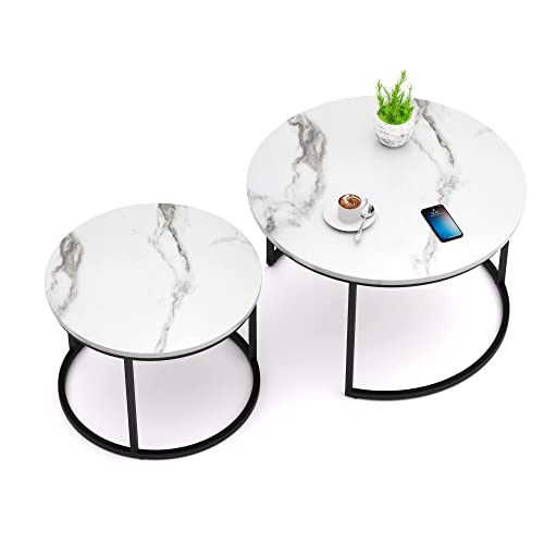 Smuxee White Nesting Coffee Table Set of 2, 31.5" Round Coffee Table Wooden Marble Pattern with Adjustable Non-Slip Feet, Industrial End Table for Living Room Bedroom Balcony