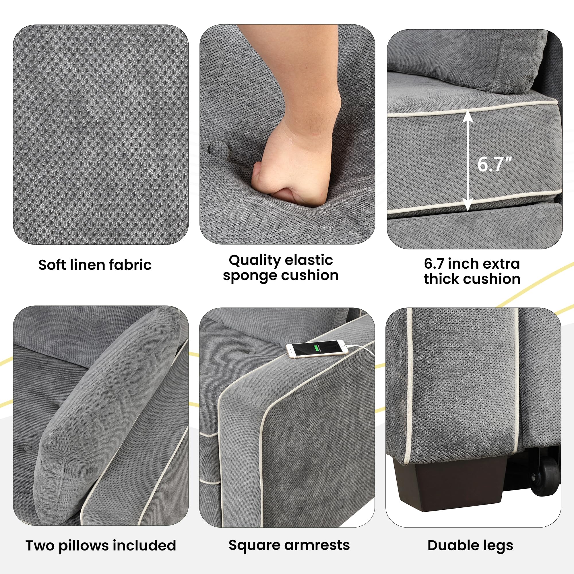 P PURLOVE Upholstered Modern Sofa Bed with Armrest, Convertible Sofa Couch with Adjustable Backrest and Dual USB Charging Port, Sleeper Bed for Living Room, Bedroom, Office, Charcoal Gray