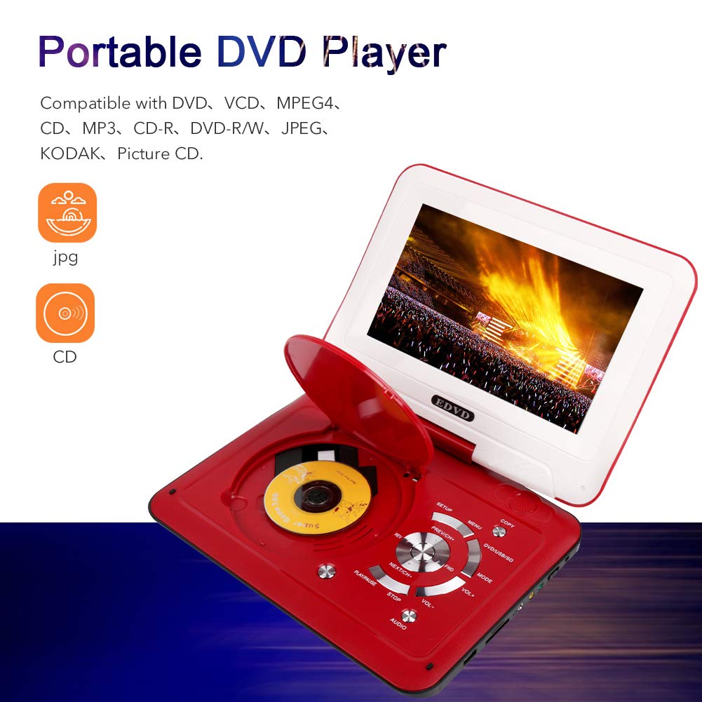 Smyidel 9.8" Portable DVD Player Supports SD Card/USB Port/CD/DVD, Rede Controller,2 Hour Rechargeable Battery, 9" Eye-Protective Screen, Support AV-in/Out,Region Free (Red)