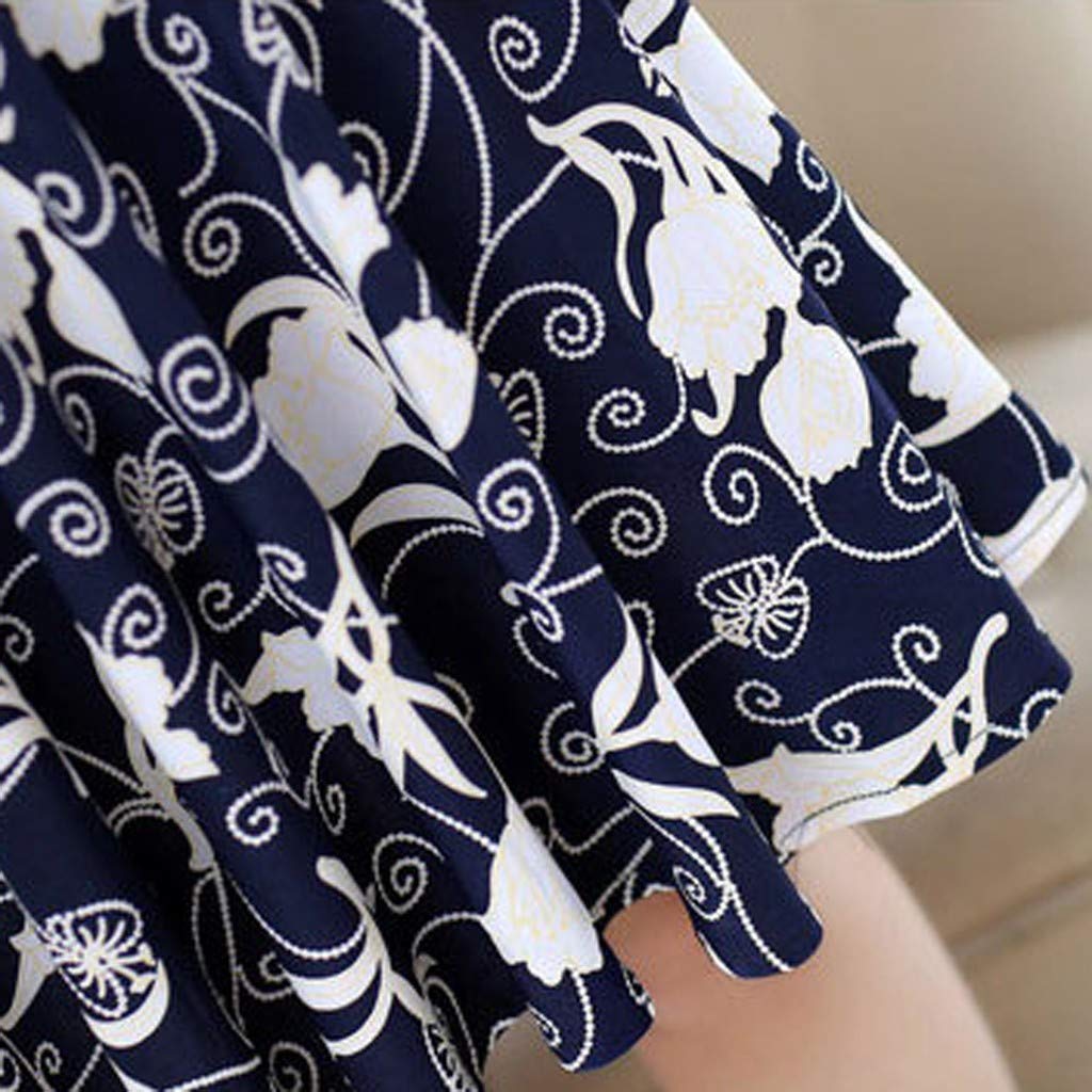 Women's Floral Swing Dress High Waisted Pattern Printed Short Sleeve Retro Pleated Round Neck A-Line Dress Black