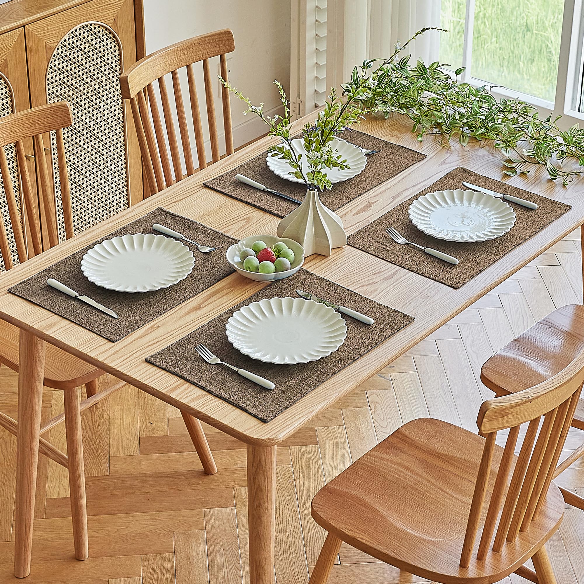 Softalker Faux Linen Placemats Set of 6-12 x 18 Inch, Heat Resistant Double Layered Durable Burlap Farmhouse Place Mats, Non-Slip Washable Rustic Table Mats for Dining, Kitchen, Party(Brown
