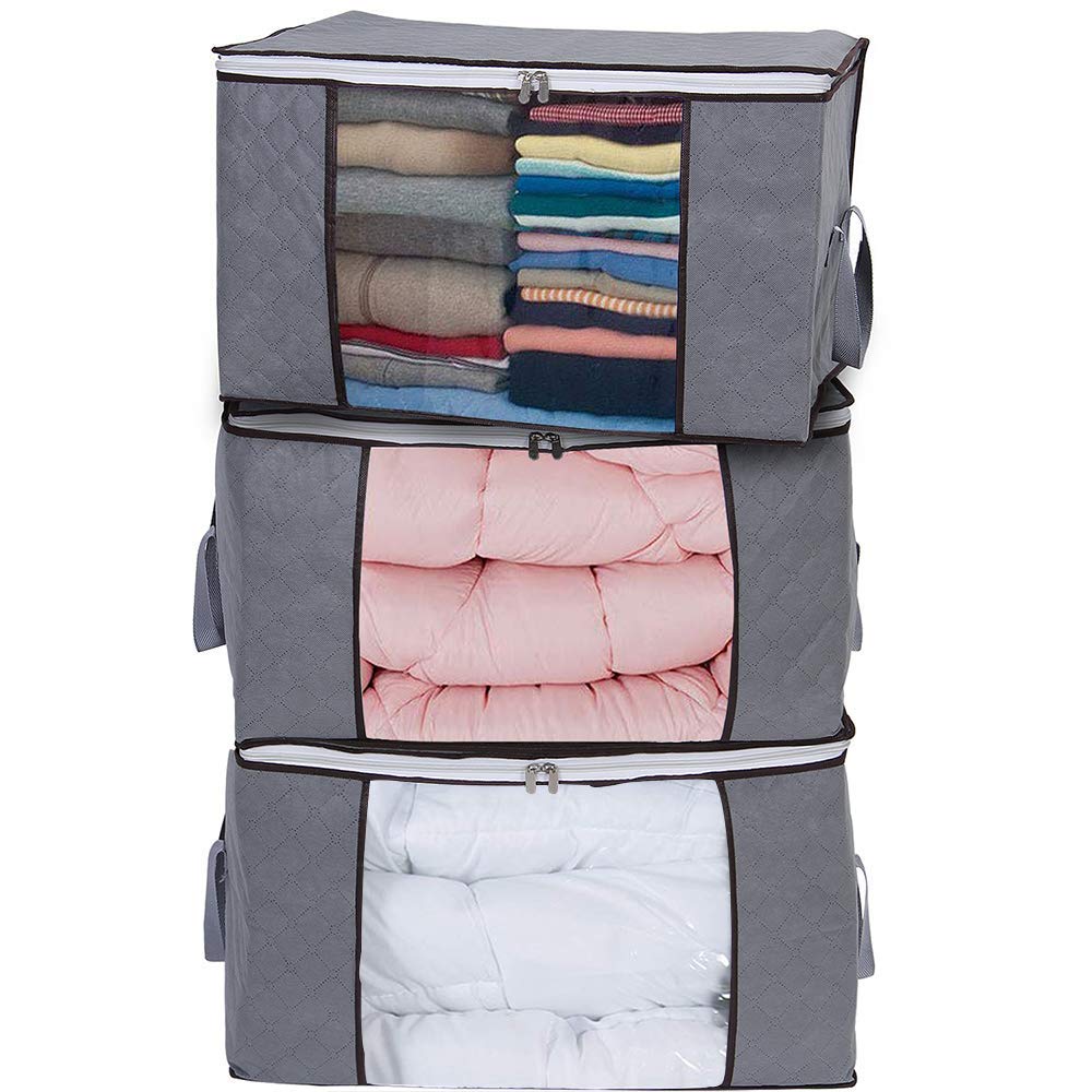SAVICOS Large Foldable Clothes Storage Bag Organizer with Carry Handles,Sturdy Zipper, Clear Window for Clothes, Blankets, Closets, Bedrooms (3-Pack, Gray)