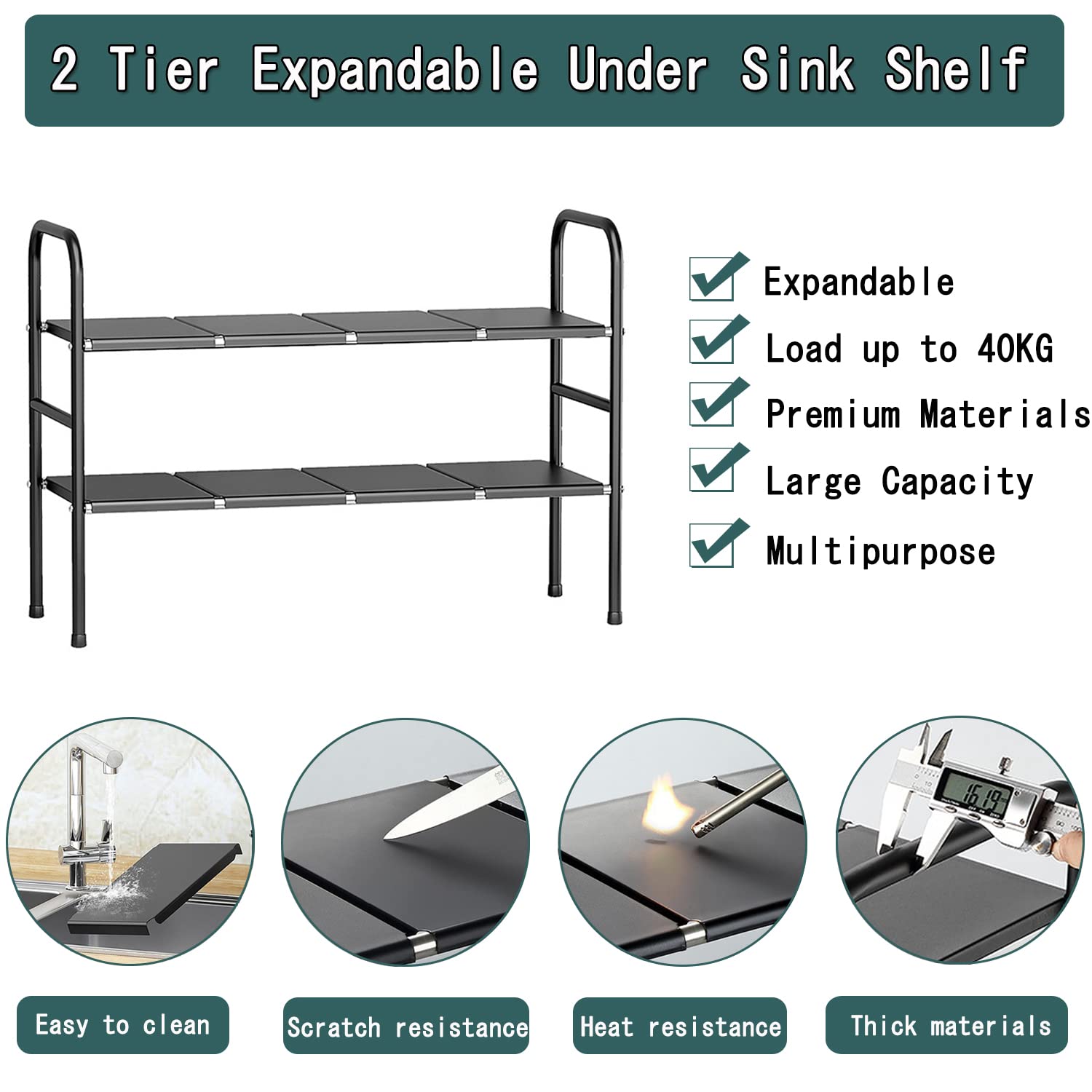 Under Sink Cabinet Shelf Organizer, Expandable Metal Under Sink Rack Storage with 8 Removable Panels for Kitchen Bathroom, 2 Tiers, White