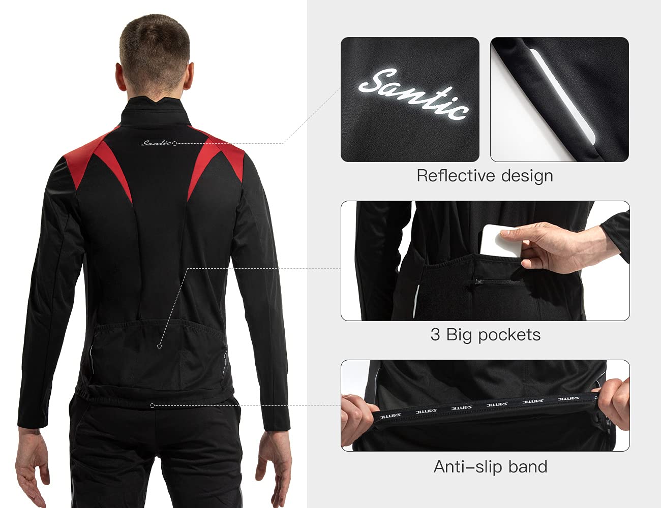 Santic Men's Cycling Bike Winter Jackets Windproof Fleece Thermal Warm UP Running Bike Bicycle Jacket Breathable Reflective Softshell Windbreaker