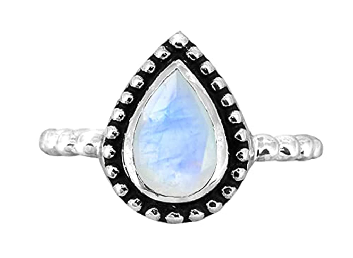 YoTreasure 6x9 MM Pear Natural Moonstone Solitaire Ring .925 Sterling Silver Jewelry