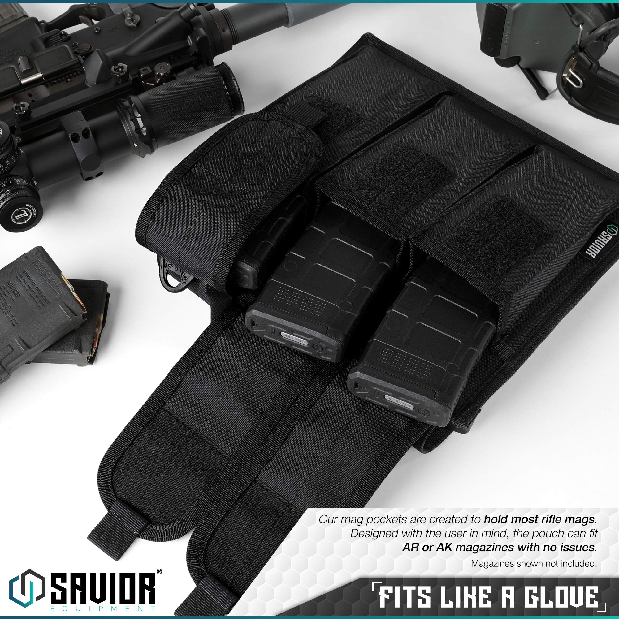 Savior Equipment Tactical Rifle & Pistol Magazine Pouch Carrier for M4 Carbine AR15 AK47 - Up to 6 Extended Mag, Adjustable Padded Shoulder Strap Included Obsidian Black