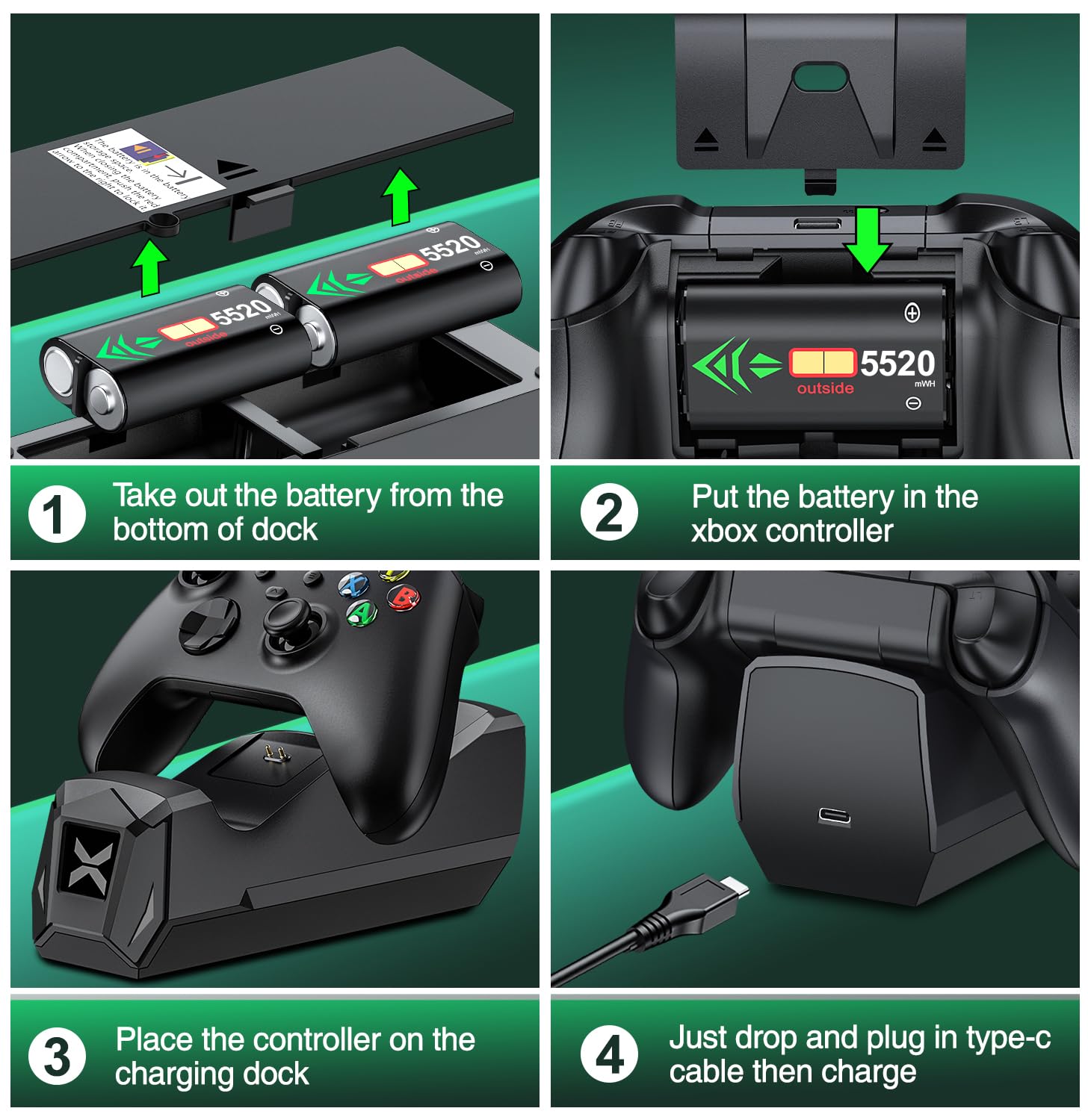 Rechargeable Xbox One Controller Battery Pack with Charger for Xbox Series X|S/Xbox One/S/X/Elite, Electrodeless Battery Charging Station with 4x2600mAh Batteries for Xbox One/S/X/Elite Controllers