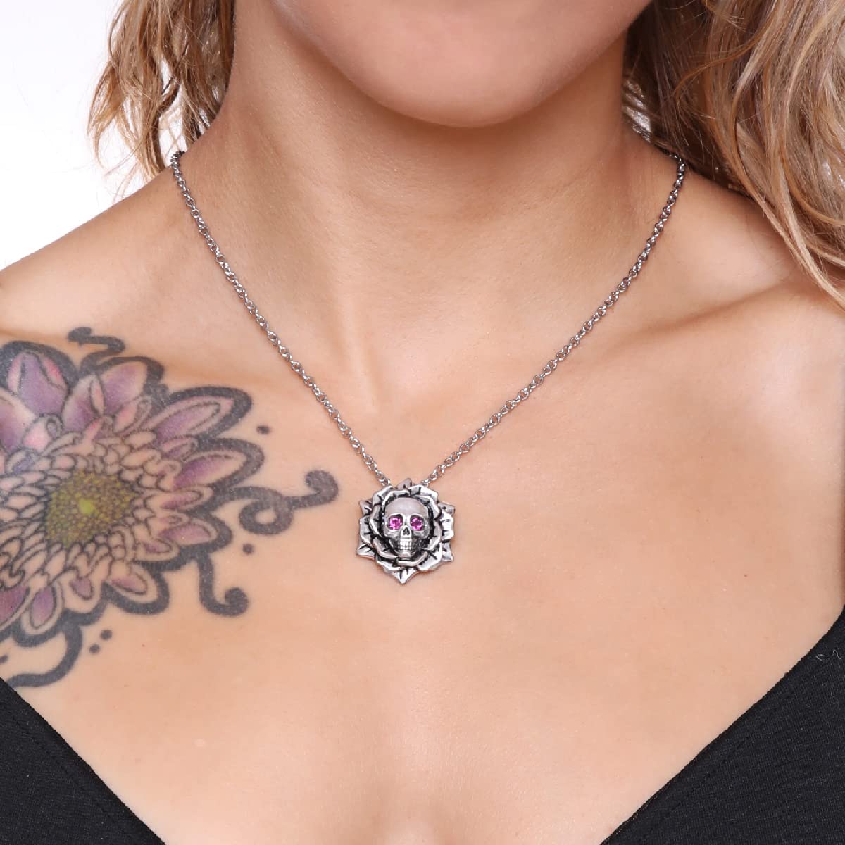 Skull Rose Birthstone Necklace With Crystal 17" - 19" Adjustable Chain (03-March β Blue)