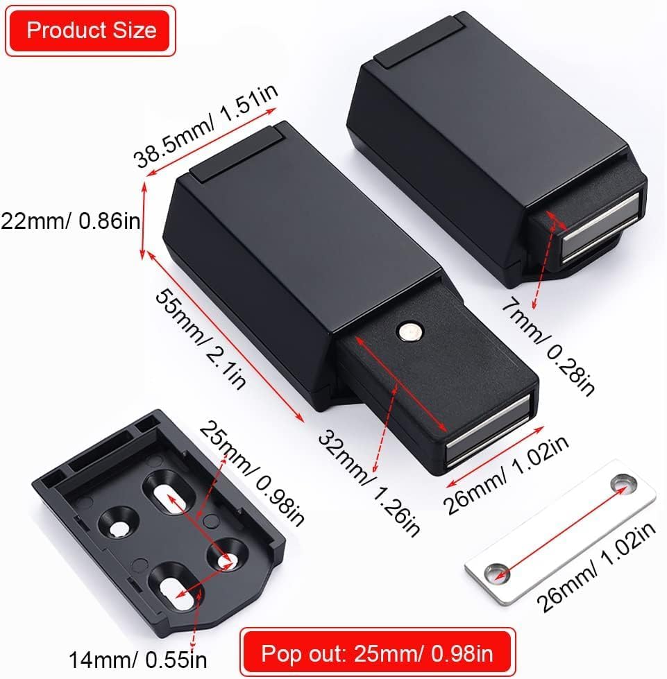 Push to Open Door Latch Cabinet Hardware ATTHW® 2 Pack Heavy Duty Magnetic Push Latch & Lock for Hidden Door Touch Latch and Catch Drawer Magnet Push Release Tip on Closet Close Strong Pop Out, Black