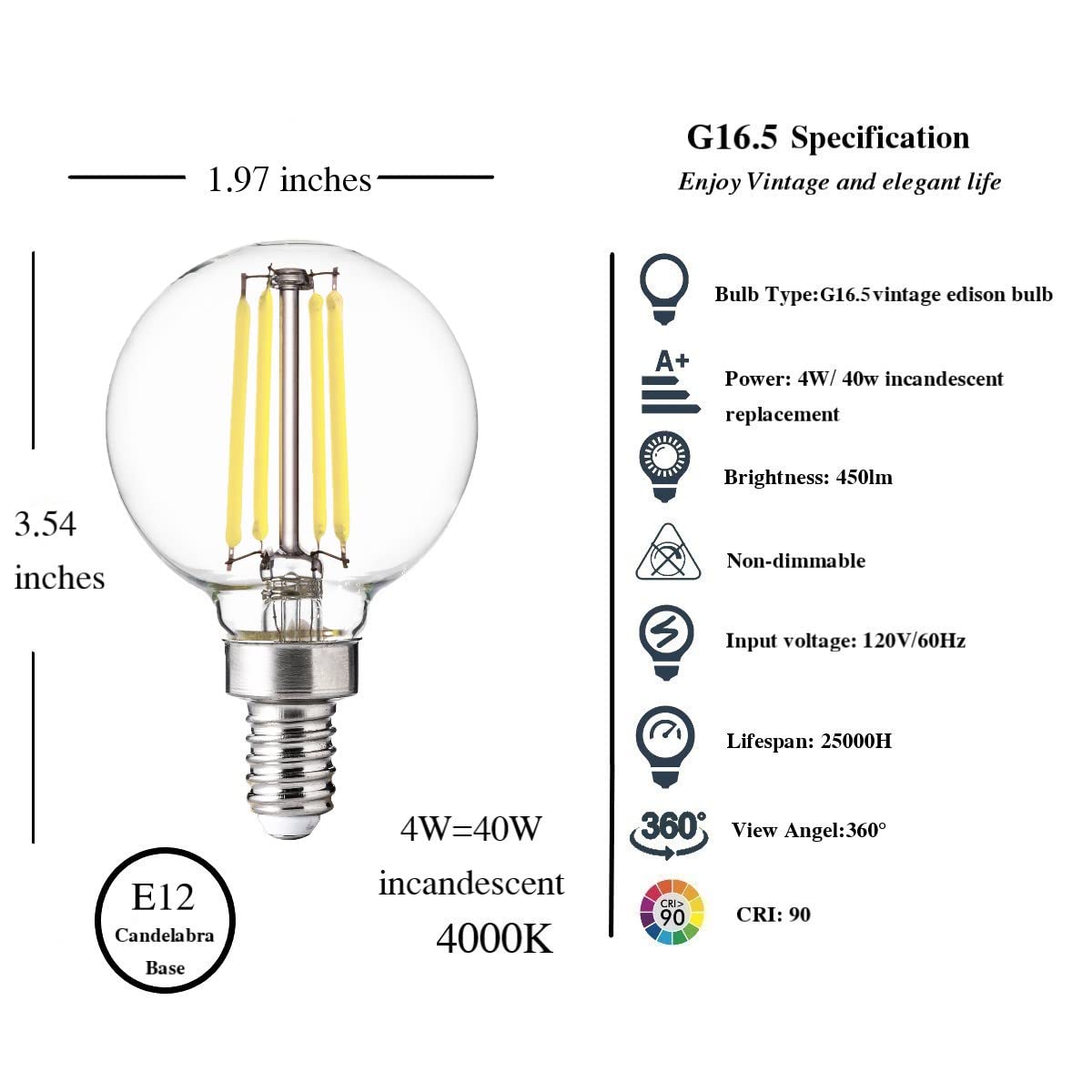 winsaLED Chandelier Light Bulbs, 12 Pack E12 LED Bulb, 40W Equivalent 400lm, Daylight 4000K G16 1/2 Global Light Bulbs, 90+ CRI for Ceiling Fan Light Bulbs