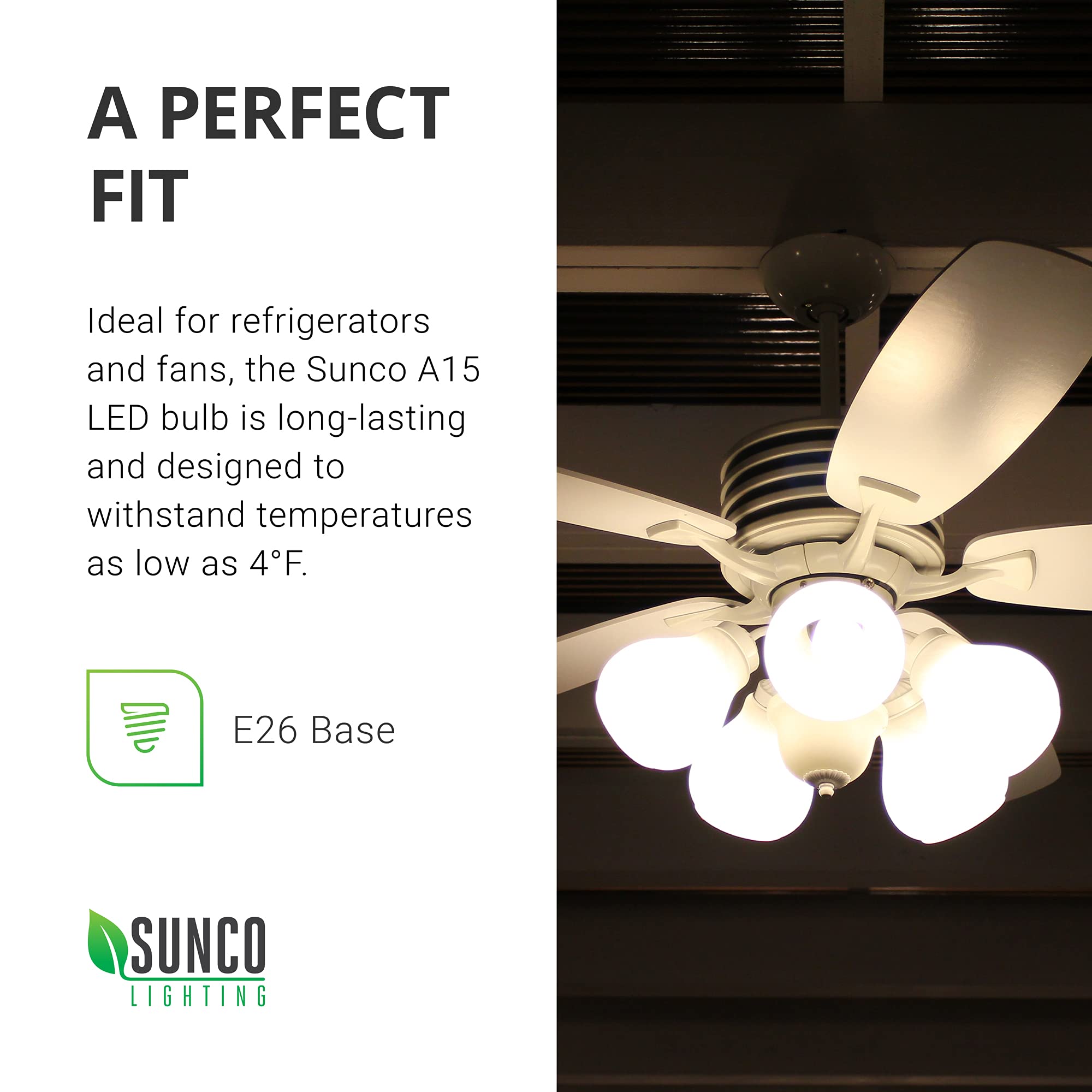 Sunco 8 Pack A15 LED Ceiling Fan Candelabra Light Bulbs E26 Medium Base CRI92 5000K Daylight 8W Equivalent 60W, 800 Lumens, Dimmable Waterproof Super Bright Appliance Indoor Outdoor - UL