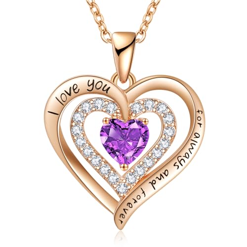 Women's Jewelry Birthstone Necklace for Wife Valentine’s Day for Girlfriend Wife Heart Pendant with Amethyst Necklaces for Her on Birthday Mother's Day Anniversary Christmas (Rose Gold-Feb-Amethyst)