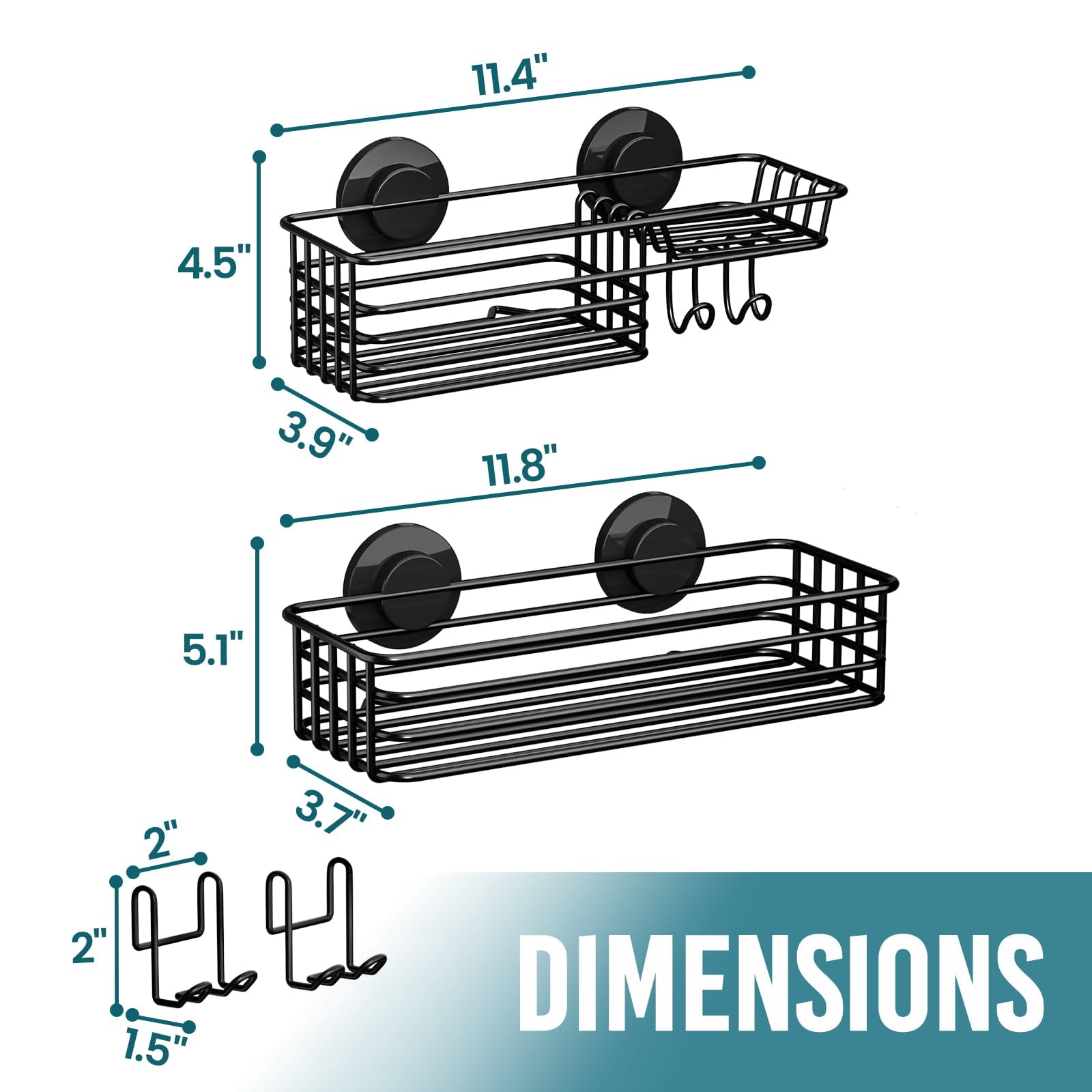 TAILI Shower Caddy Suction Cup 2 Pack with Hooks & Soap Holder, Heavy Duty Bathroom Shower Organizer, No Drilling Shower Shelves for Inside Shower, Stainless Steel Black Shower Holder Organizer
