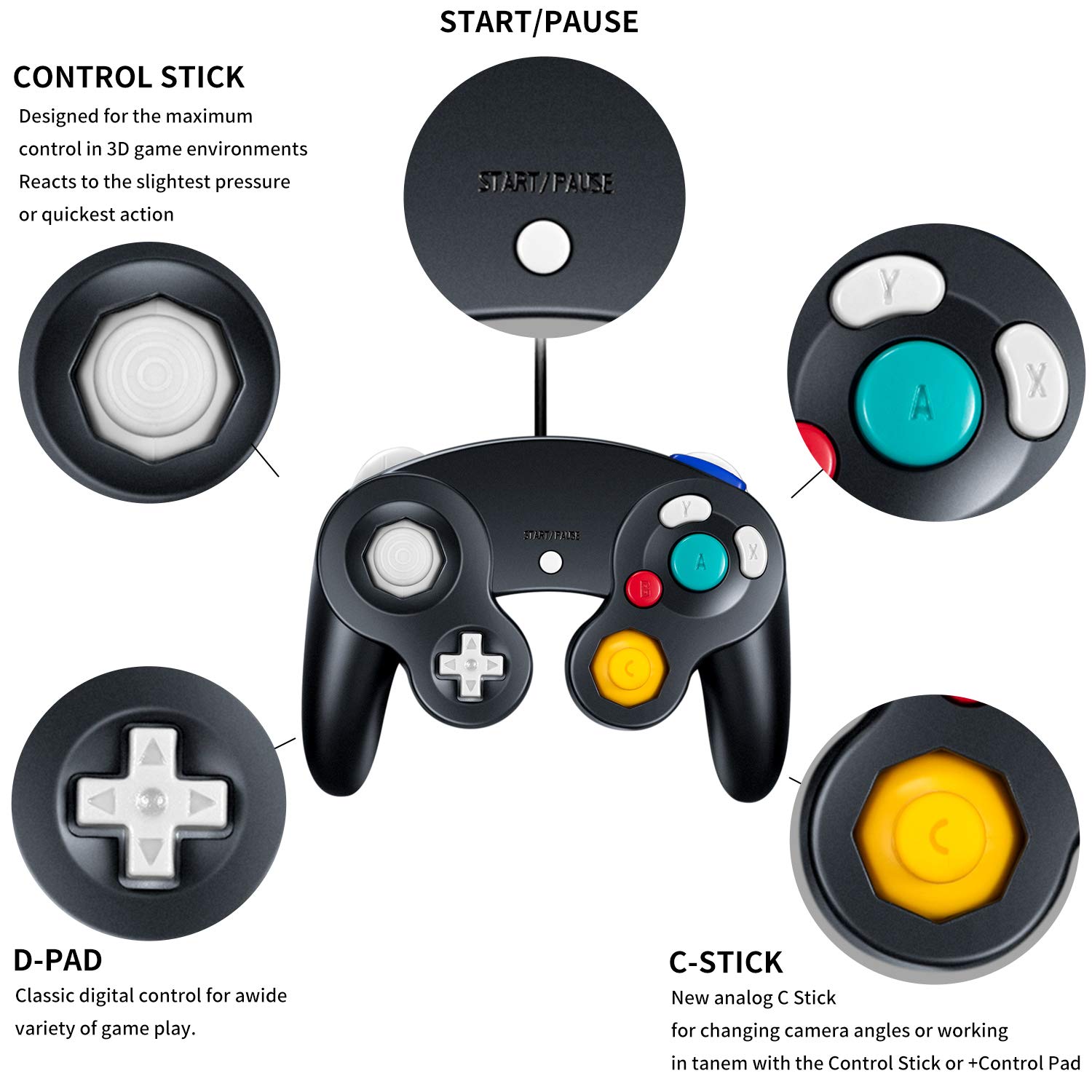 SogYupk 2 Pack Controller Replacement for Gamecube Controller,Wired Controllers Classic Gamepad compatible with Nintendo and Wii Console Game Remote(Black 2 pcs)