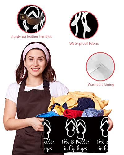 Storage Basket Black Flip Flops Large Foldable Storage Bins with Handles Life Is Better In Flip Flops Waterproof Fabric Laundry Baskets for Organizing Shelves Closet Toy Gifts Bedroom Home Decor