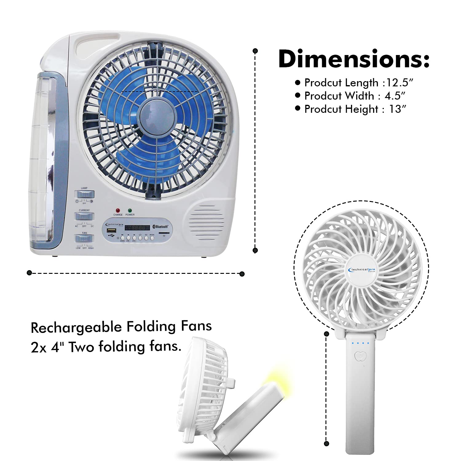 Technical Pro 3-in-1 Portable Rechargeable 8" Camping Fan Bundle with Radio Speaker and LED Work Lamp, USB SD ports, 2 Rechargeable Folding Fans Included