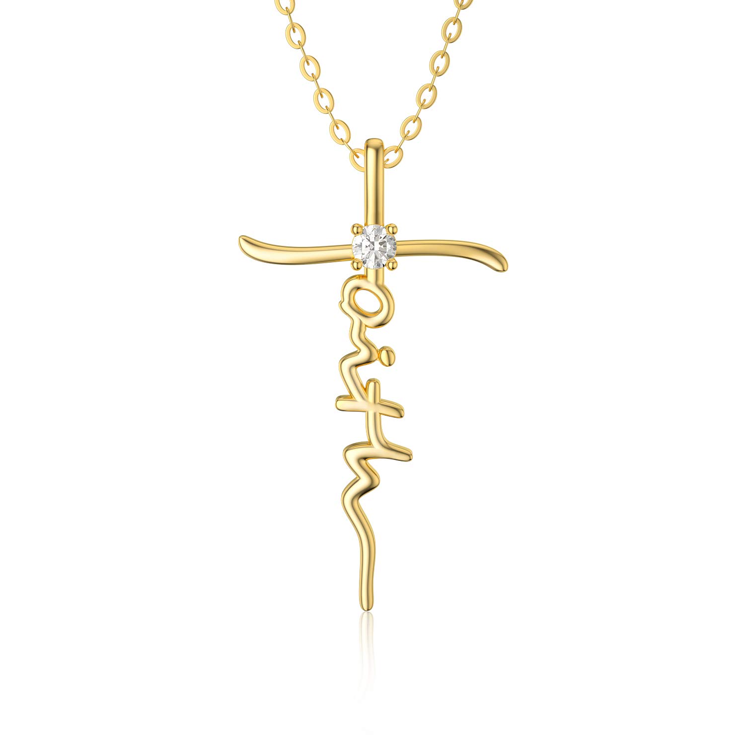SISGEM Solid 14K Gold Faith Cross Necklace Hope Believe Pendant Necklace with Moissanite Religious Jewelry for Women Anniversary Birhtday Mother's Day Jewelry Gifts for Mom, Wife, 16+2 Inch