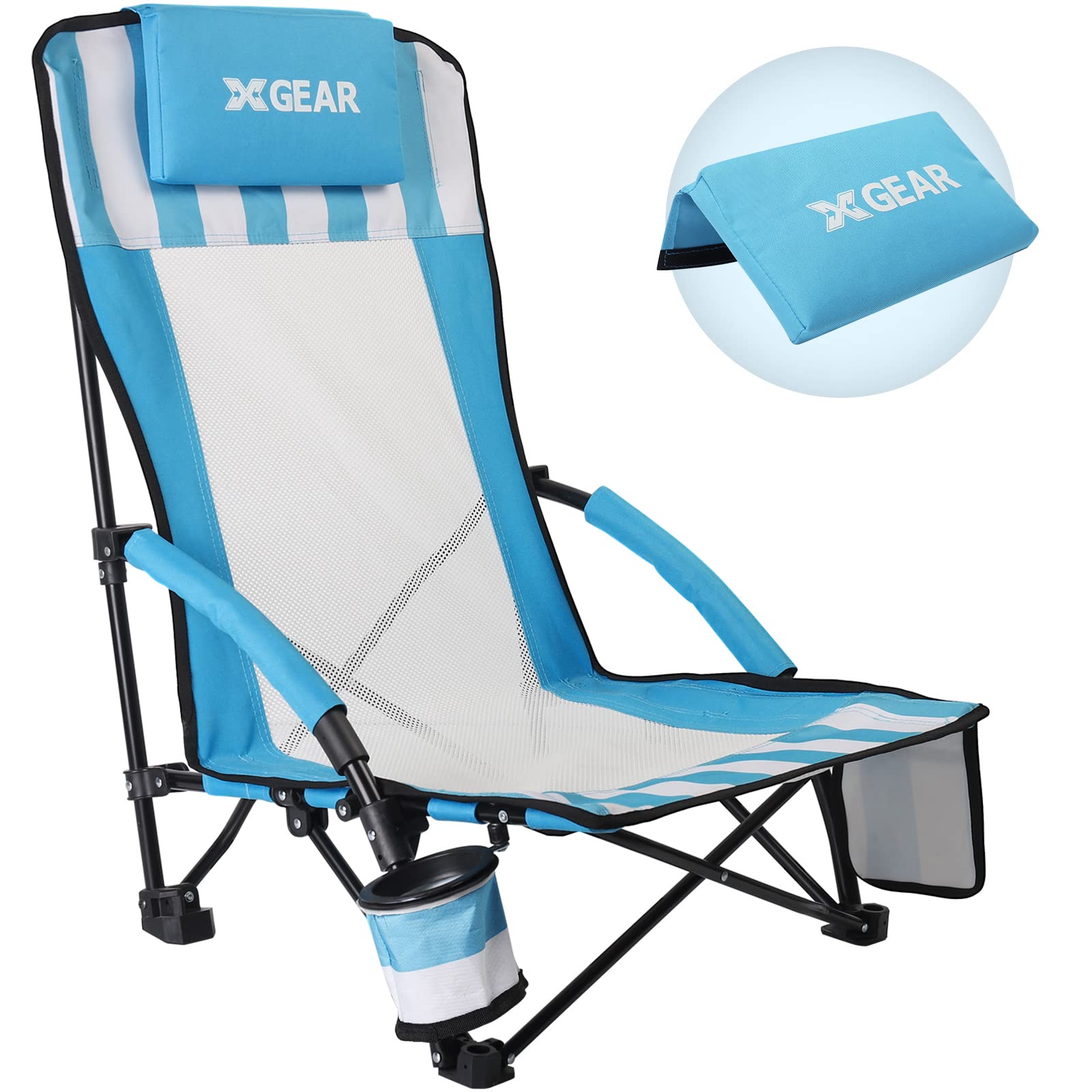 XGEAR Beach Chair Low Seat Beach Chair for Adults High Back Camping Chair with Cup Holder Blue & White