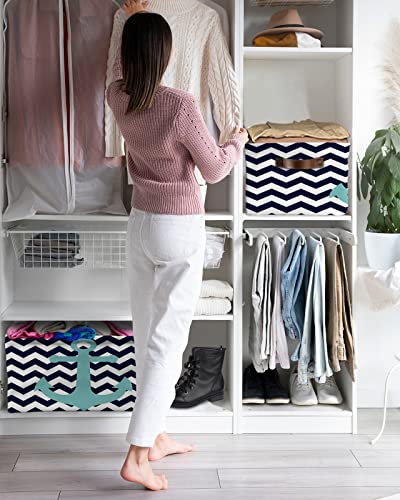 Storage Bins Large Storage Basket,Teal Anchor Black White Stripe Ripple Collapsible Storage Bins with Handle,Nautical Theme Line Art Storage Baskets Cube Organizer for Shelves Closet Nursery 1PC