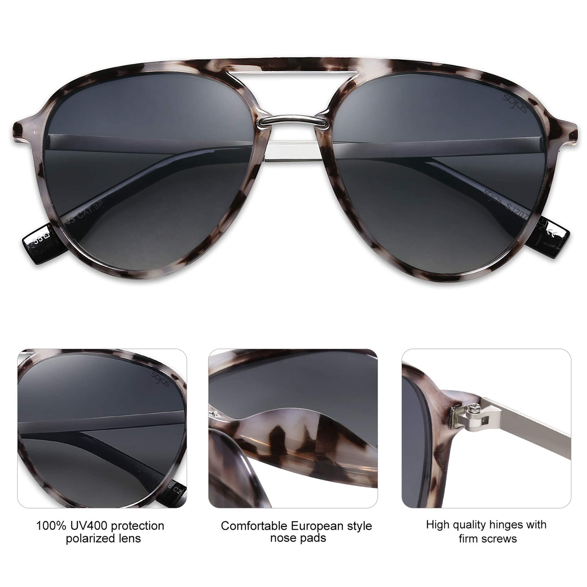 SOJOS Retro Aviator Polarized Sunglasses for Women Men Double Bridge Ladies Shades SJ2078 with Grey Tortoise Frame/Gradient Light Blue Lens