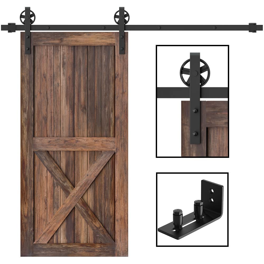 WINSOON 5FT Single Wood Sliding Barn Door Hardware Big Wheel Roller Kit with 1pc Sliding Barn Door Floor Guide Adjustable Double Roller Hardware Set
