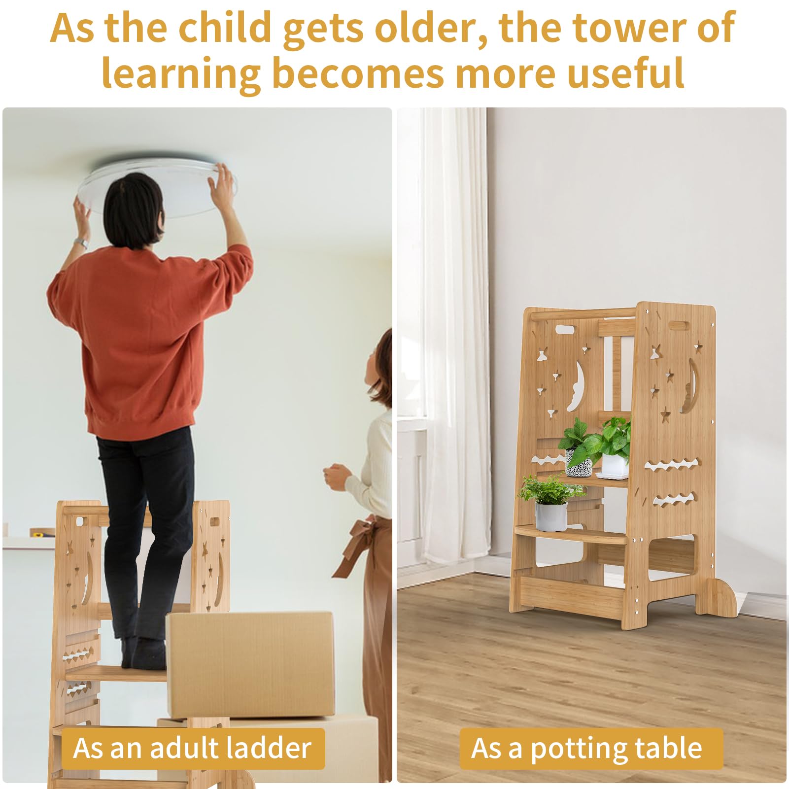 Wooden Kitchen Step Stool, 3 Heights Adjustable Toddler Standing Tower, Bamboo Toddler Kitchen Stool Helper with Black and White Chalkboard,Toddler Learning Tower for Bathroom, Cooking Helper