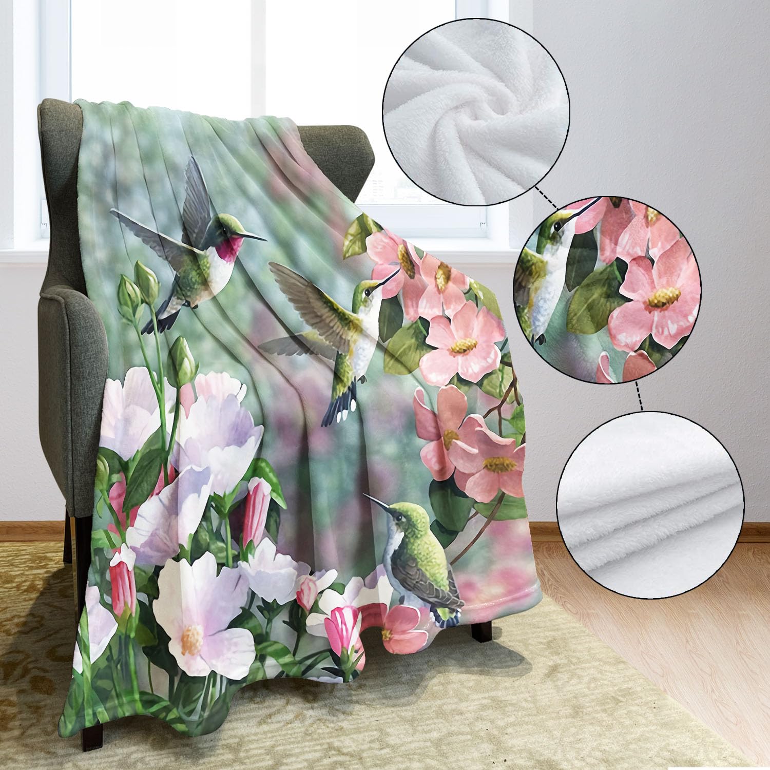 Rstick Hummingbirds Blanket Flowers Birds Fleece Blanket Soft Fuzzy Plush Throw Blankets for Couch Bed 40"x50"