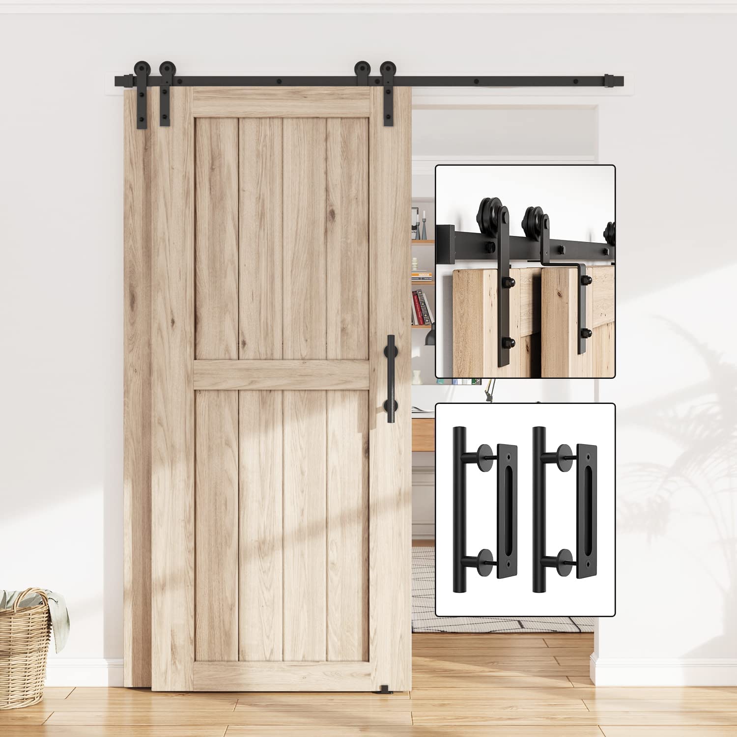 WINSOON 6FT Single Track Bypass Sliding Barn Door Hardware Kit for Double Doors with 2PCS 12 Inch Sliding Barn Door Handles Black Hardware