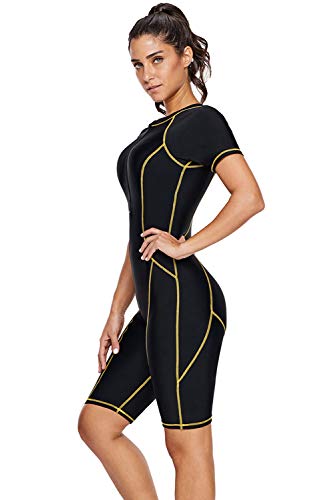 SAILBEE Women's One Piece Short Sleeves Contoured Zip Front Wetsuit Swimsuit (410893 L, Yellow Seam)