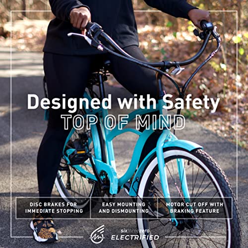 sixthreezero Around the Block Women's Electric Bike, 7 Speed Beach Cruiser eBike Bicycle with Rear Rack, 500 Watt Motor, 26 Inch Wheels, Sky Marigold