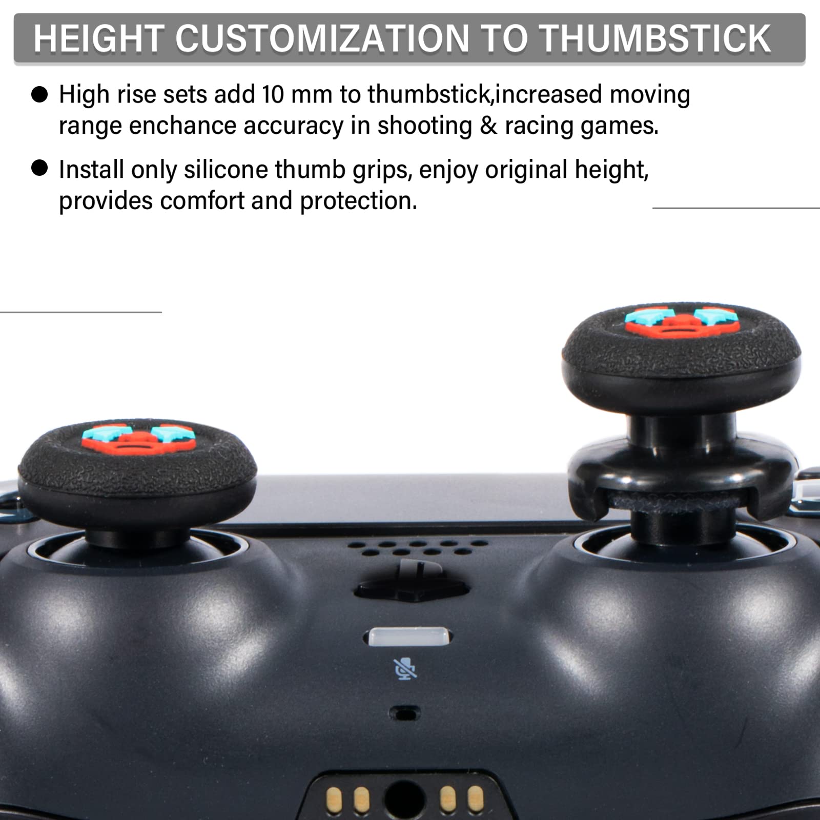 Playrealm FPS Thumbstick Extender & Texture Rubber Silicone Grip Cover 2 Sets for PS5 & PS4 Controller (Joker Black)