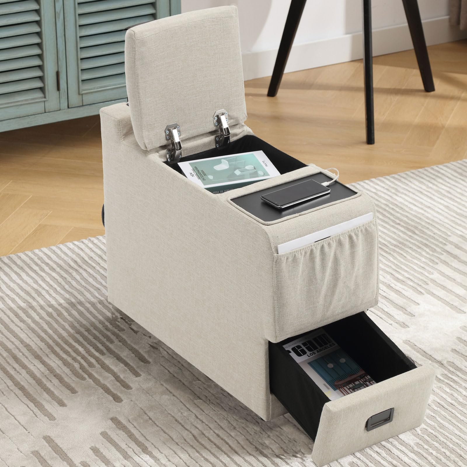 SAMERY Multi-Functional Recliner Side Table End Table Console with Cup Holders, Storage, Wireless Charging - Enhance Your Relaxation Zone! (Brown)