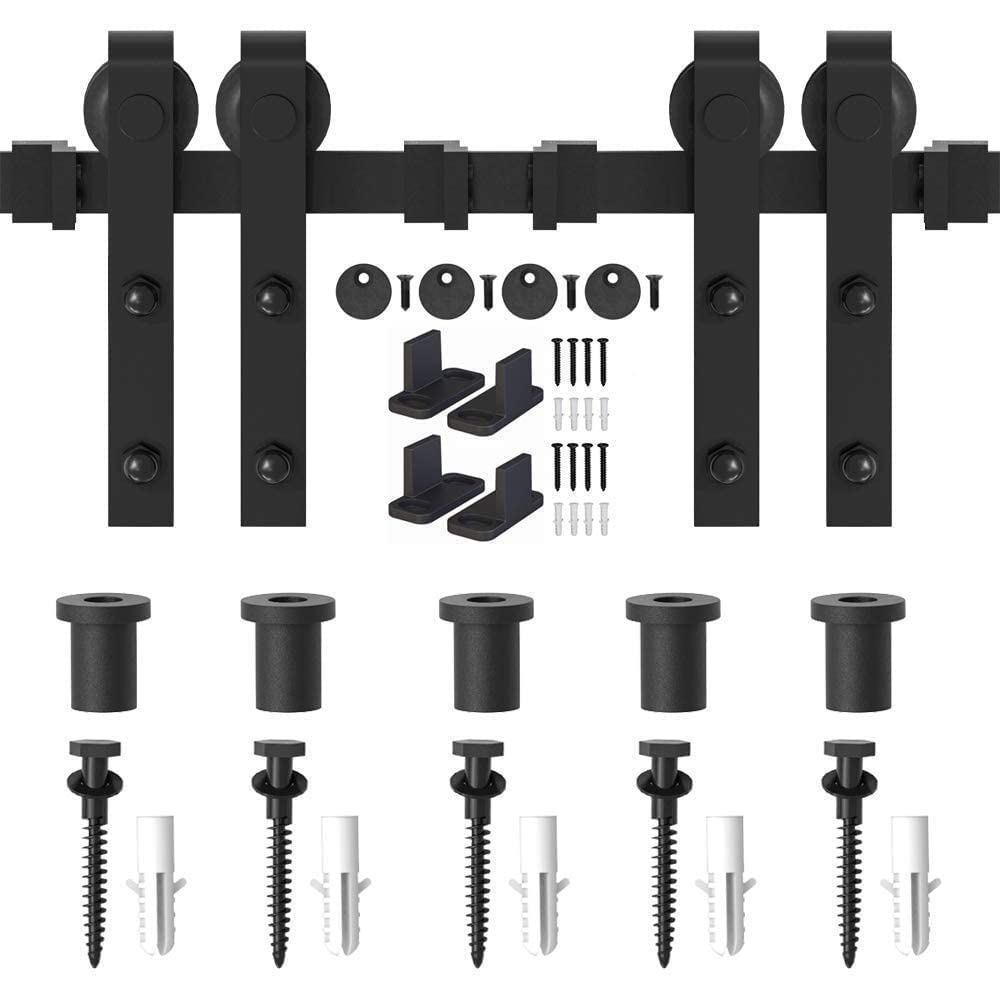 WINSOON 6FT Sliding Barn Wood Door Hardware Cabinet Closet Kit with 2PCS 12 Inch Sliding Barn Door Handles Black Hardware with Pull and Flush Barn Door Handle Set