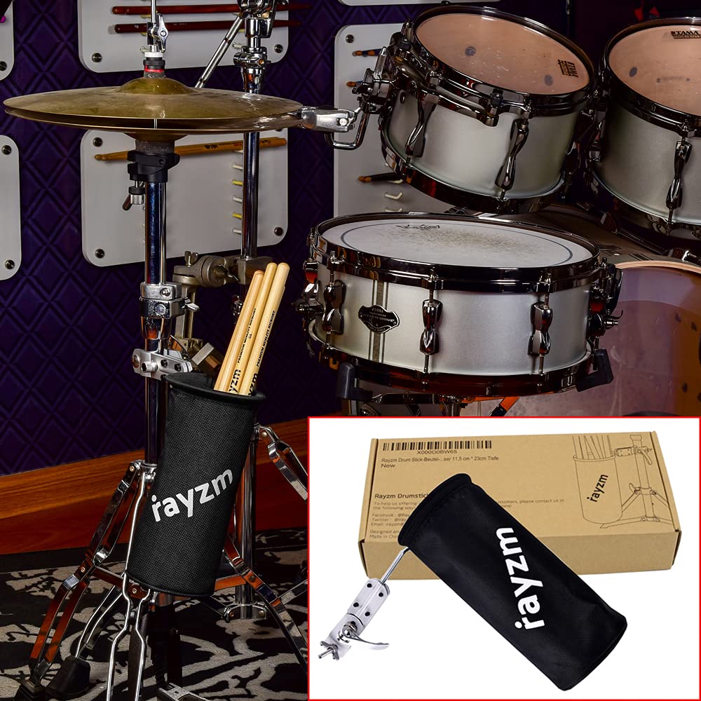 Rayzm Drum Stick Bag Holder, Nylon Mallet/Brush/Beater Stick Holder with Aluminum Clamp for Drum Kit & Music Stand (1.5-3cm Diameter Pole), UP to 12 Pairs of Sticks