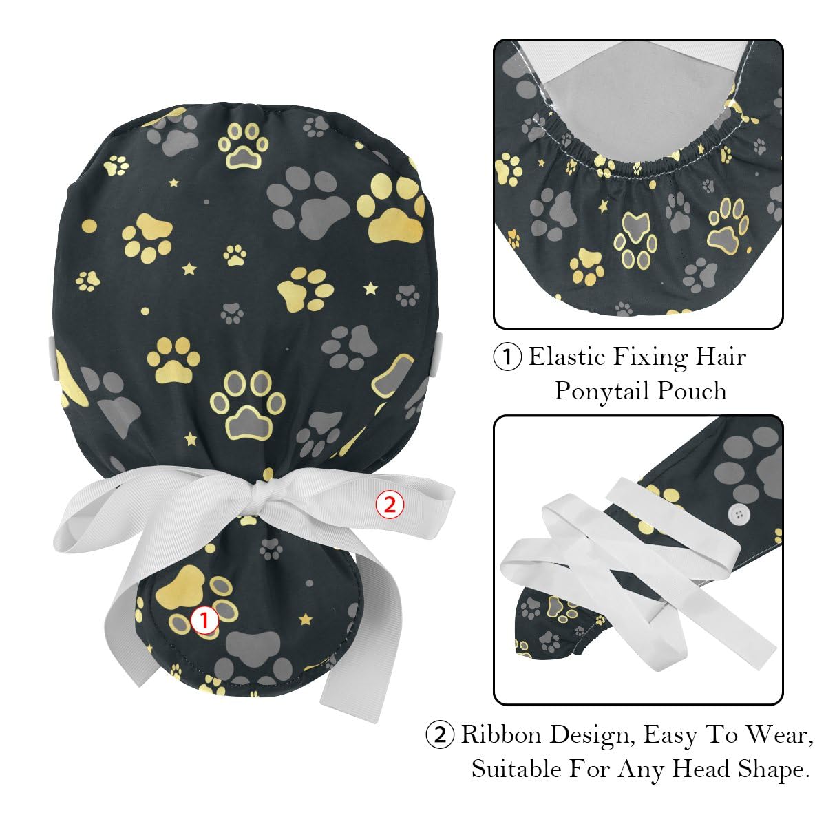 ZORE_FINE5 2 PCS Long Hair Working Cap with Buttons and Sweatband Ribbon Tie Back Hat Gold Dog Paw Print Bouffant Scrub Turban Caps