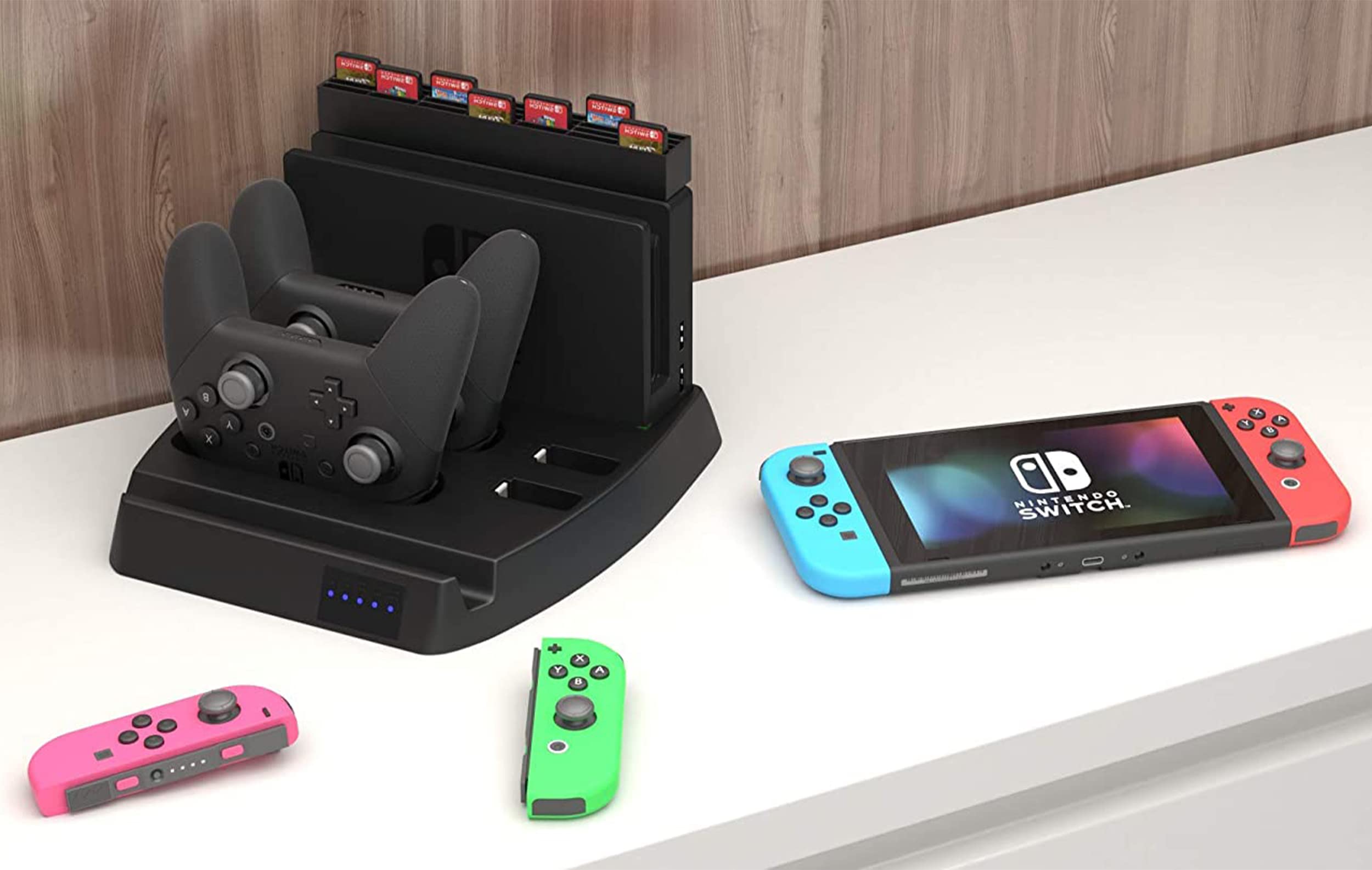 Skywin Switch Charging Dock - Charging Dock and Game Holder for Switch Console, Joy-Con Controllers, Switch Pro Controllers, Charging Base and Up to 28 Games