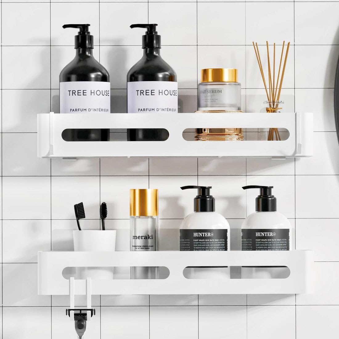 Sakugi Shower Caddy - Large Adhesive Shower Organizer, Rustproof Shower Shelves for inside Shower, Stainless Steel Shower Rack for Bathroom, Apartment Essentials, No Drill, White, 2 Pack