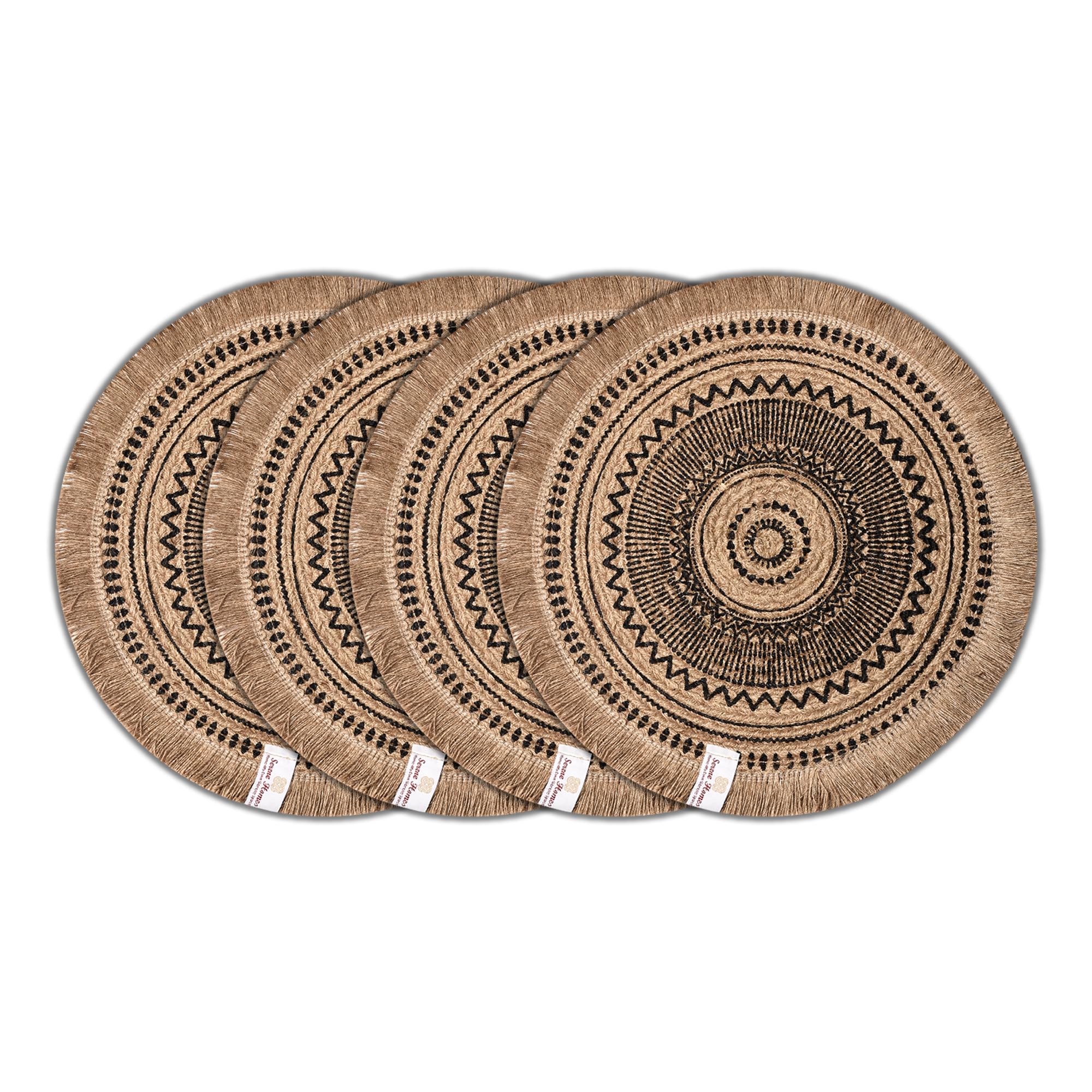 SereneHomes Black Mandala Print Natural Jute placemat Round 14-inch Table Placemats with Fringes - Set of 4, Boho Chic Dining Table Decor Heat-Resistant Dining Table Decor Surface Protector